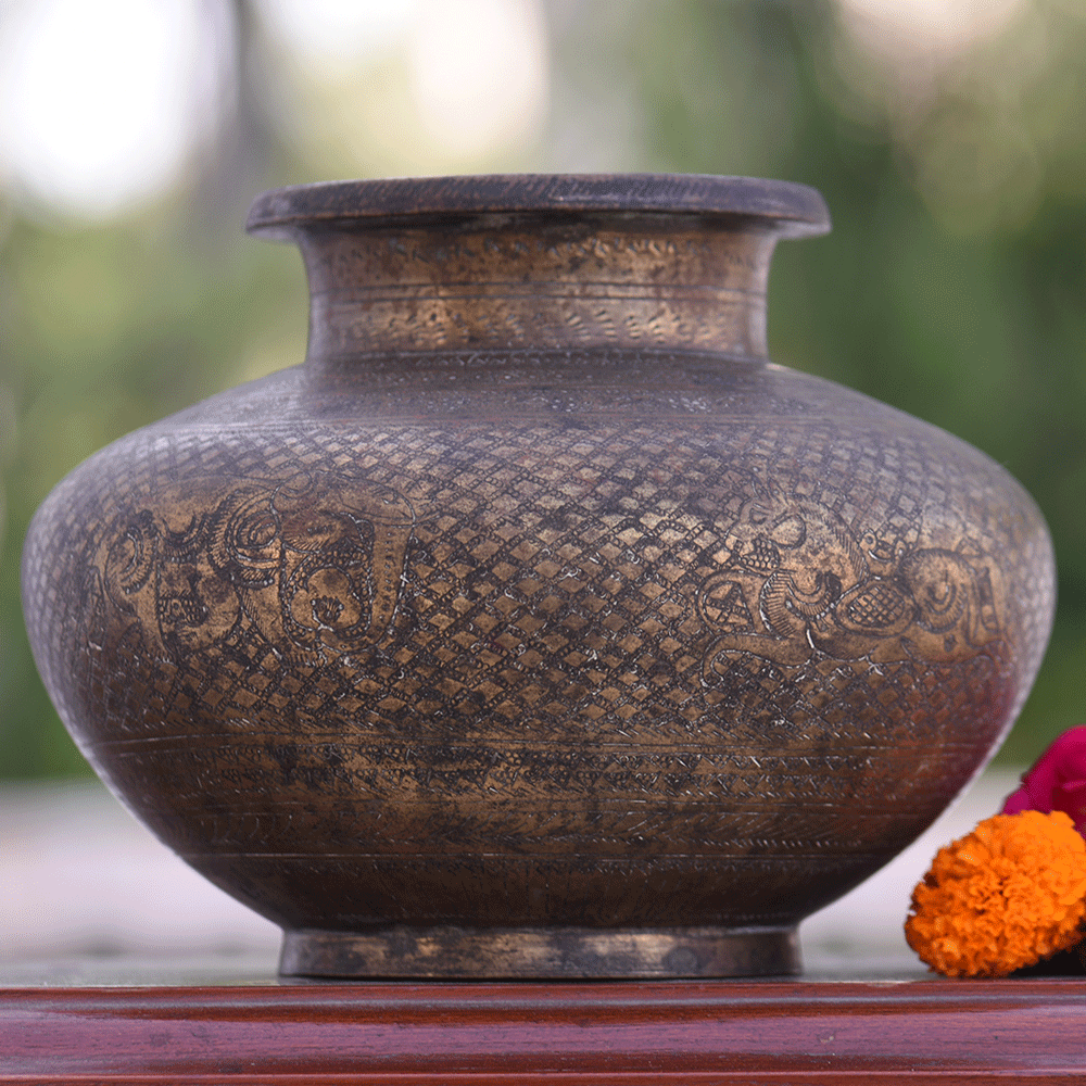 Hand Engraved Jali Design And Animal Figurine Holy Water Pot