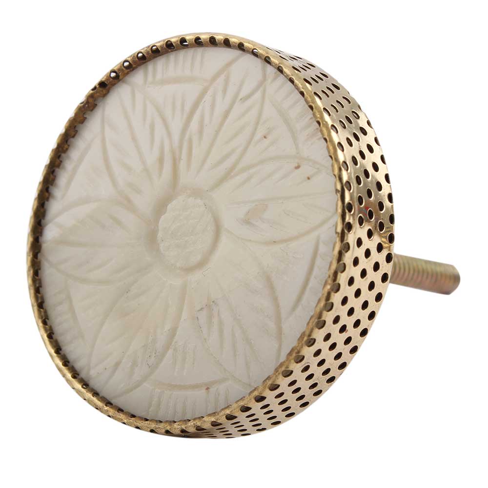 Round Cream Flower Metal and Bone Drawer Knob