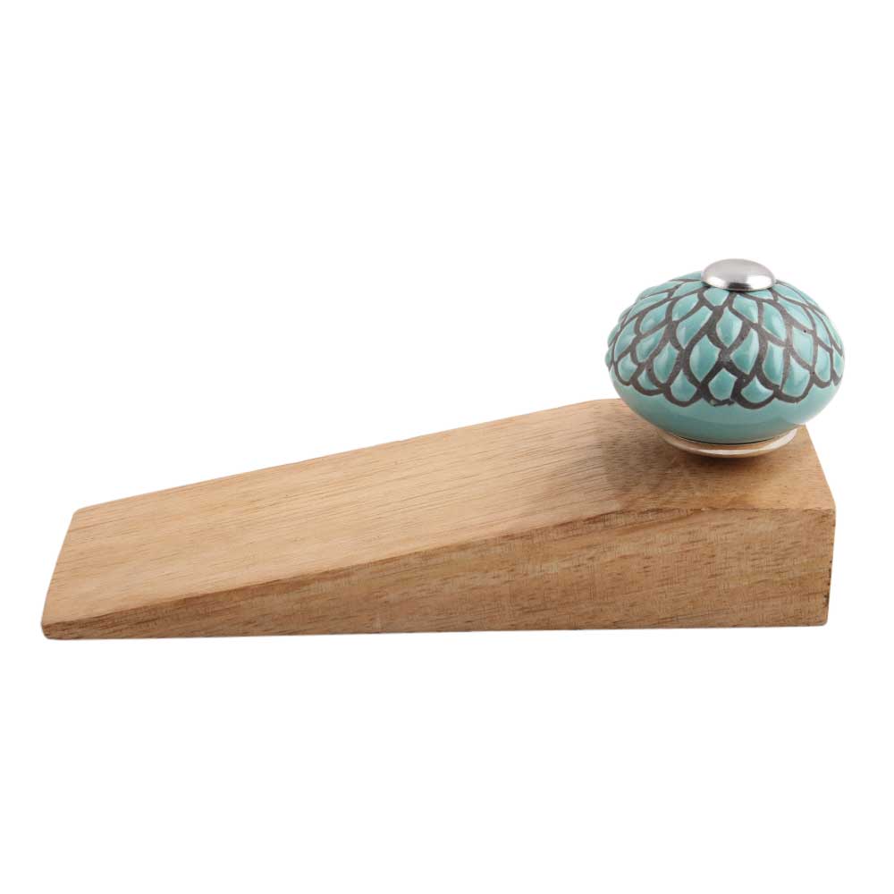 Sage Green And Black Etched Ceramic Wooden Door Stopper