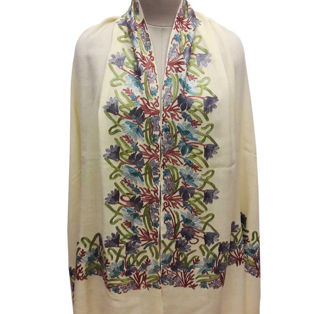 Cream Semi Pashmina Stole With Embroidered Border