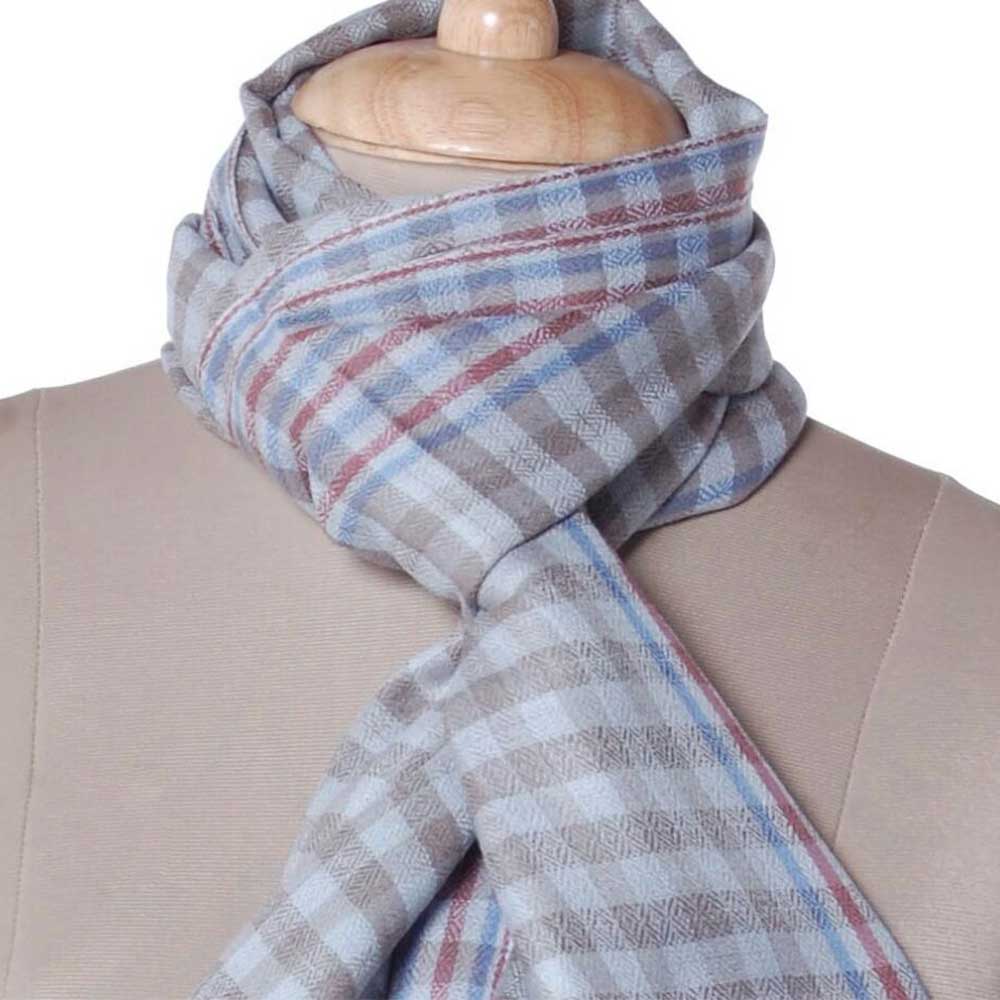 Cashmere Embroidered Stole In Blue Check