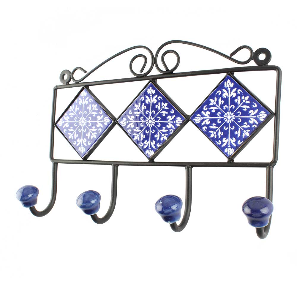 Navy Blue With White Leaf Ceramic Tiles Hook