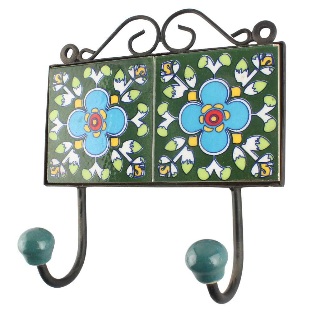 Turquoise Floral Ceramic Tile Hook