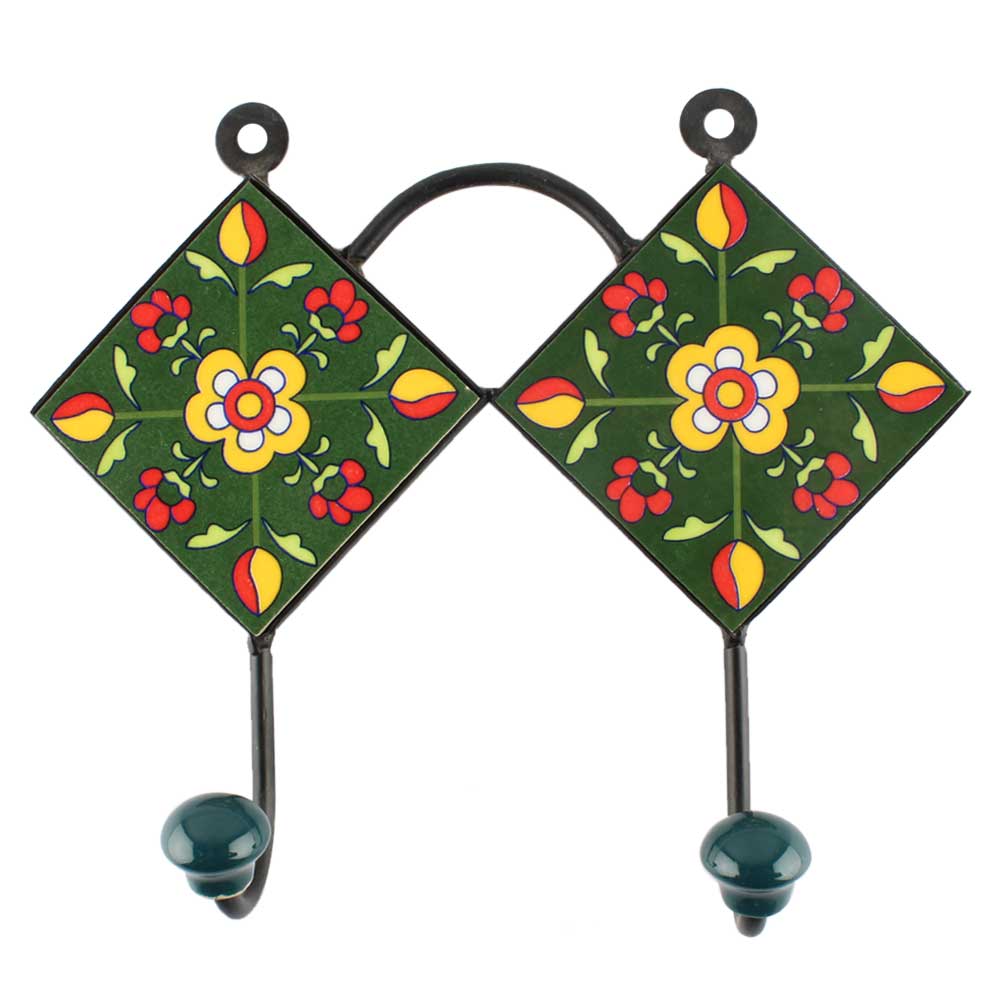 Green Floral Ceramic Tile Hook
