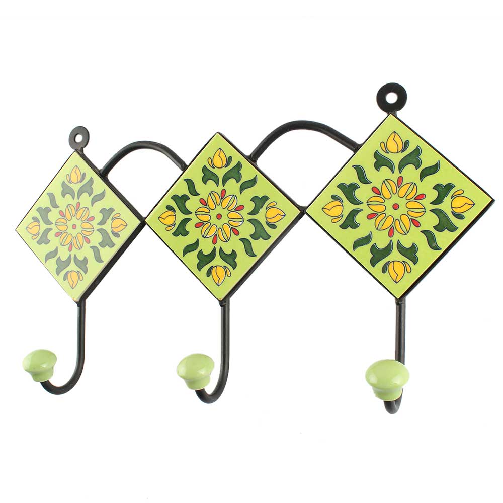 Pea Green Floral Ceramic Tile Hook