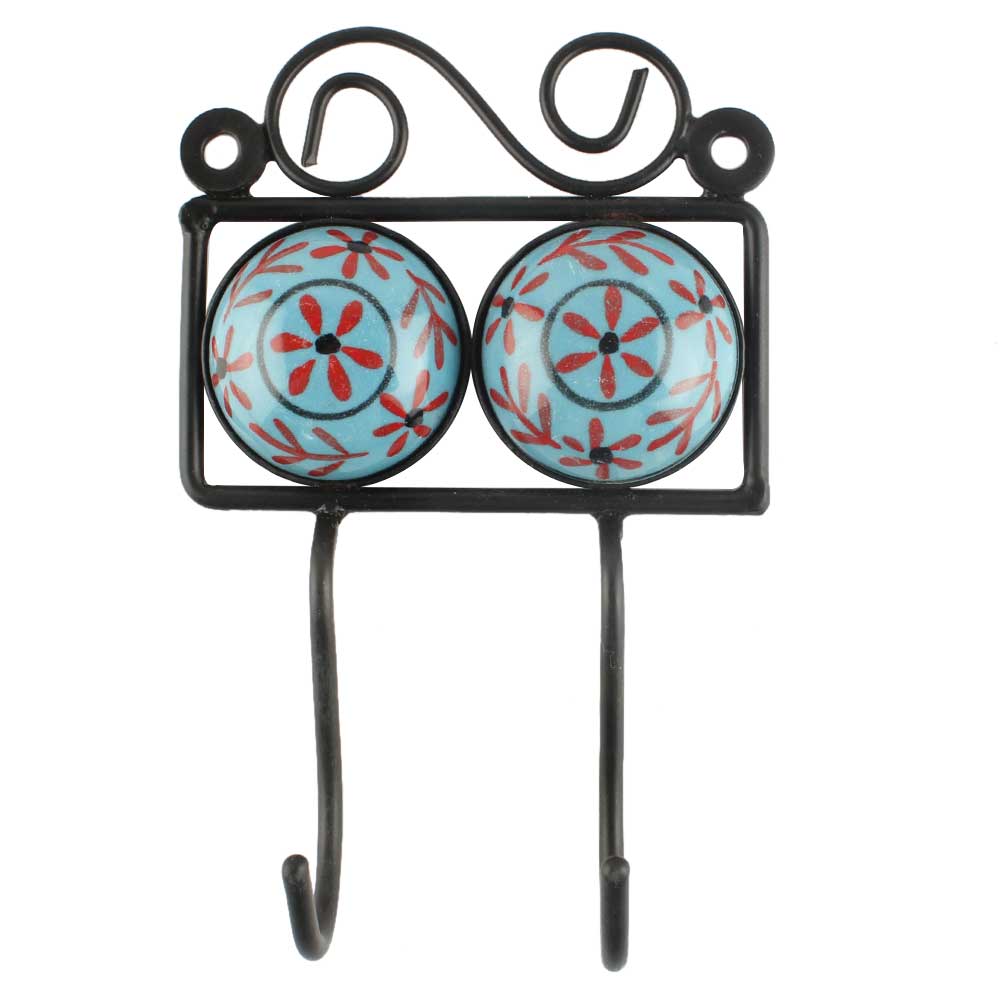 Turquoise Round Floral Ceramic Tile Hook