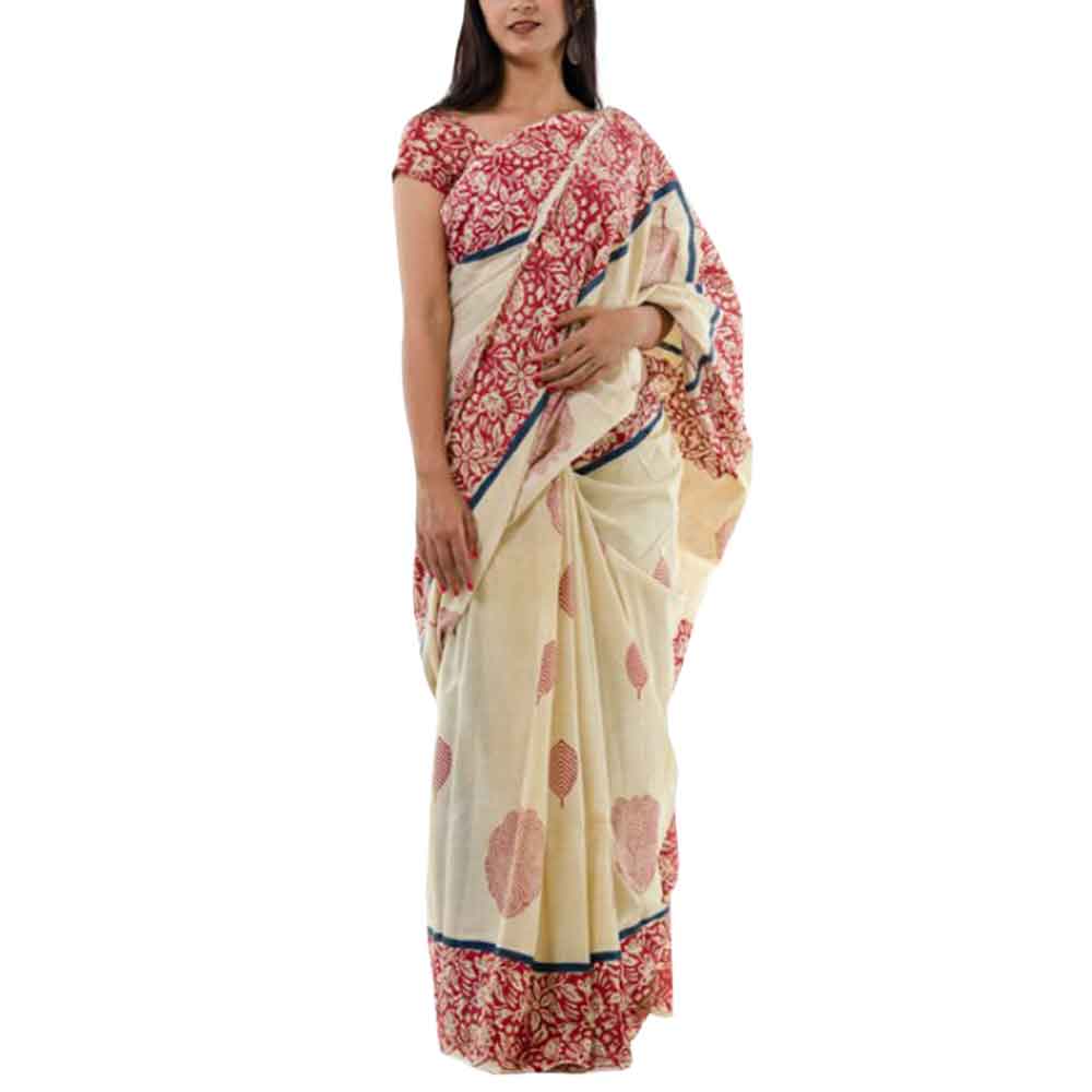 Red Floral Border Cotton Printed Saree