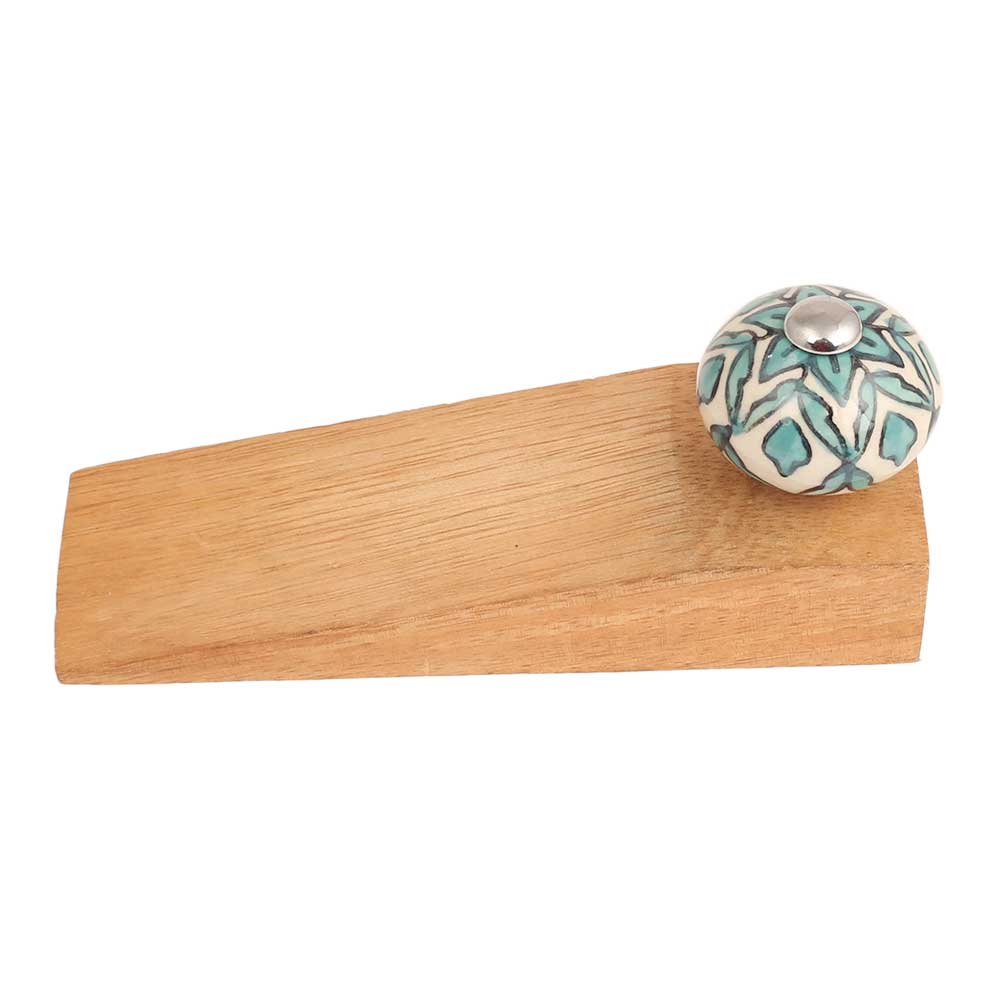 Sea Green Flower Ceramic Wooden Door Stopper