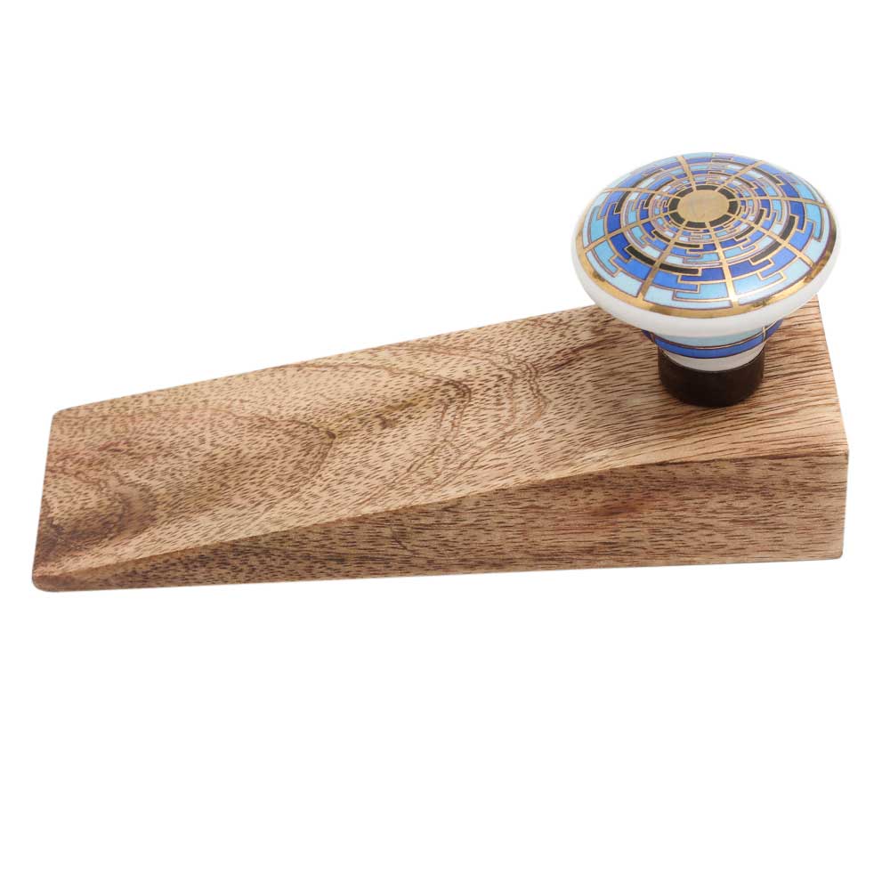 Blue Sapphire Hue Golden Pattern Ceramic Wooden Door Stopper
