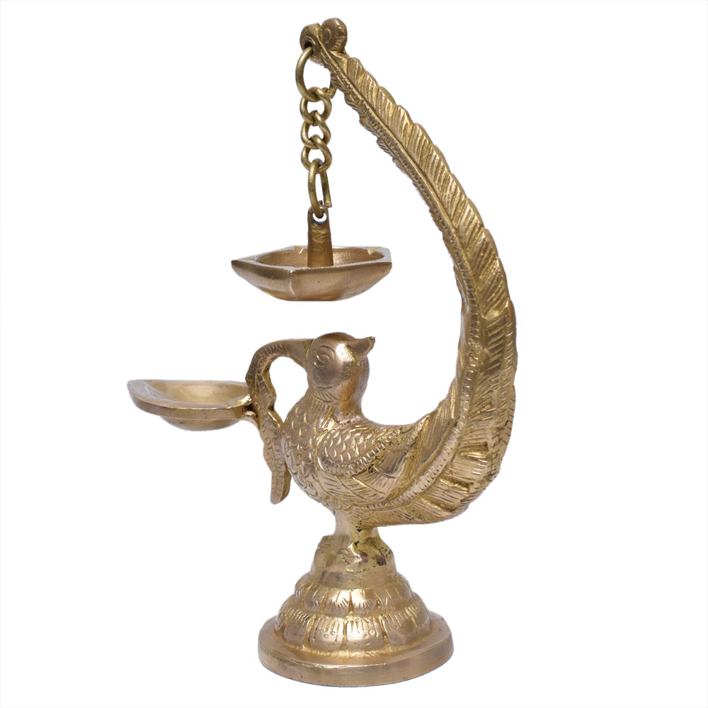 Golden Brass Peacock Showpiece With 6 Wick Diya
