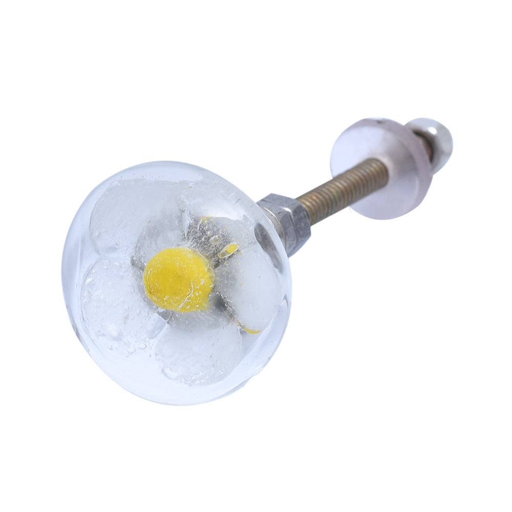 White Flower Engraved Glass Cupboard Knobs