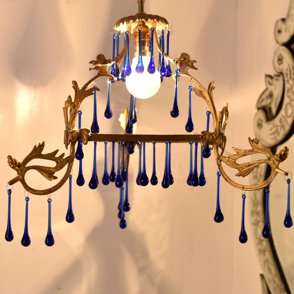 Vintage Italian Style Brass Enameled Chandelier with Dark Blue Glass ...