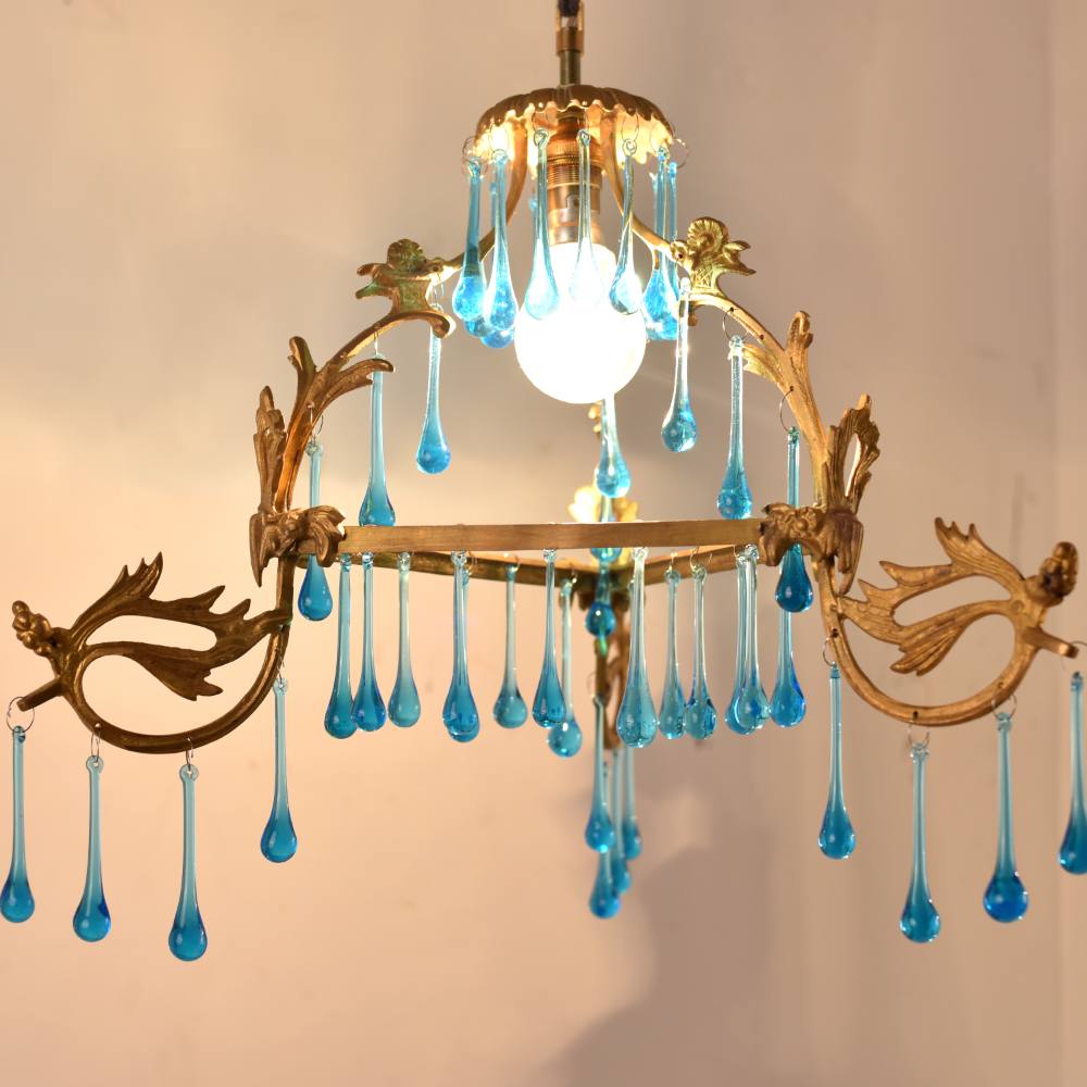 Vintage Italian Style Brass Enameled Chandelier with Turquoise Glass ...