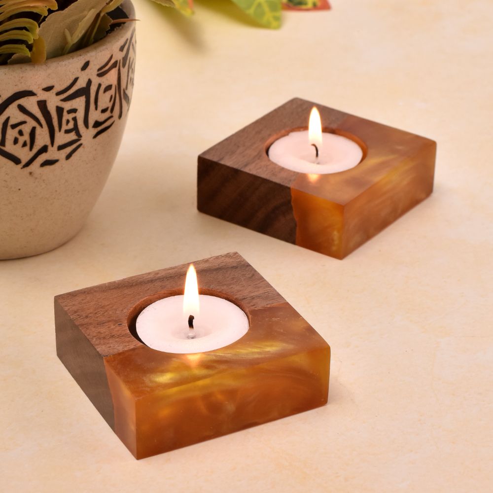 Square Shaped Wooden T-lite Holders - 2 Piece