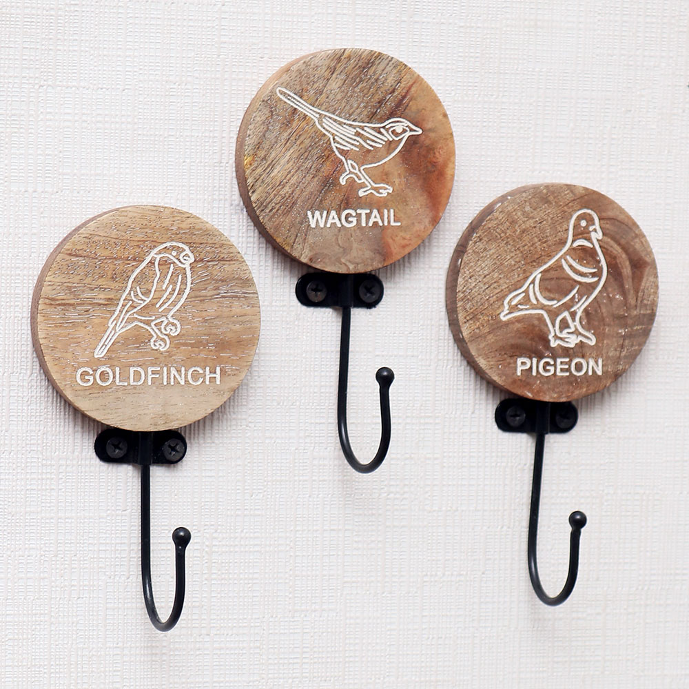 3 Pieces Brown Wooden Bird Design Hooks For Keys