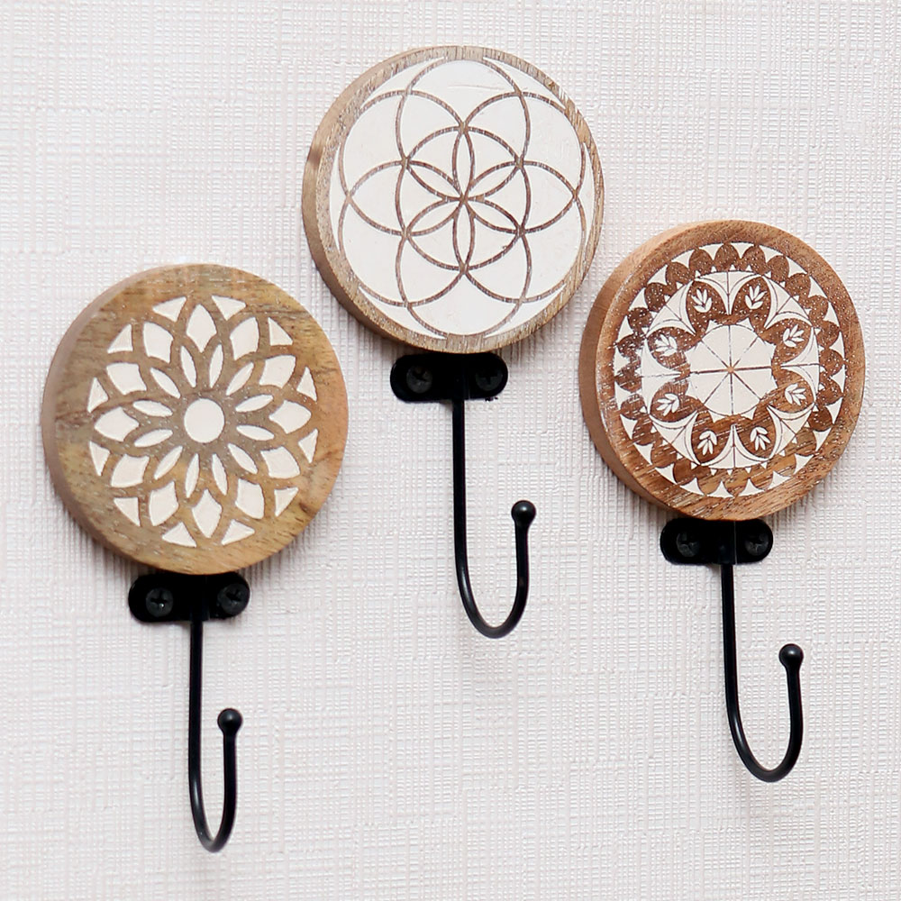 Brown Wooden Abstract Design Wall Hooks For Keys - Pack of 3