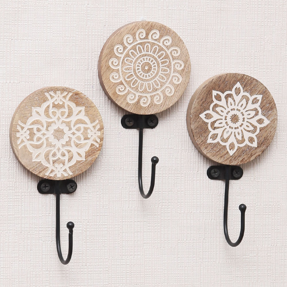Pack of 3 Brown Wooden Abstract Design Wall Hooks