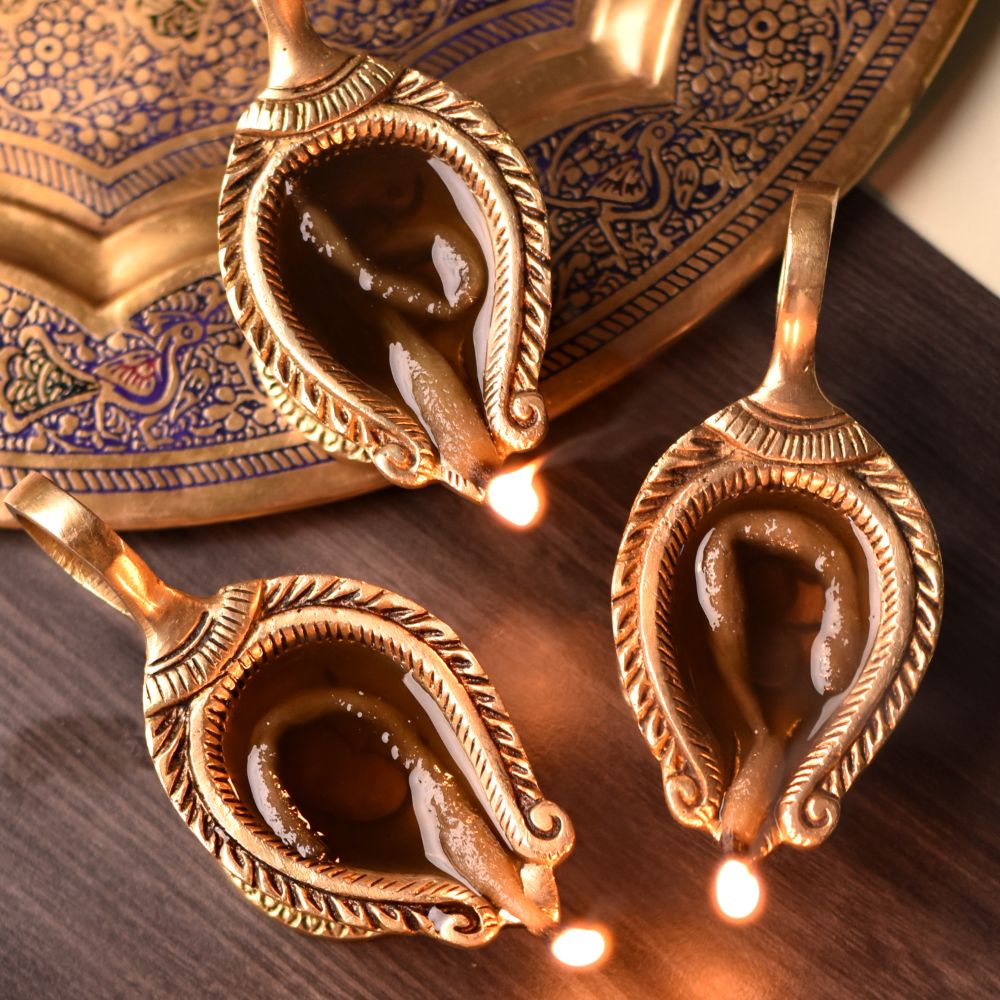 Buy Pack of 3 Brass Diya Lamps for Diwali Pooja