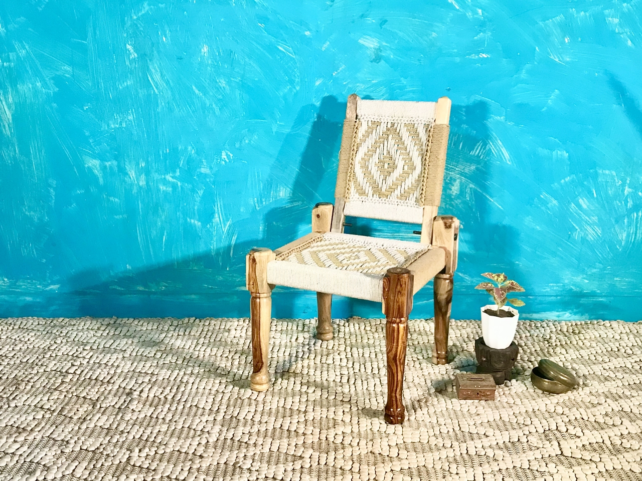 Sinhasan Solid Wood Charpai Chair Beige and White