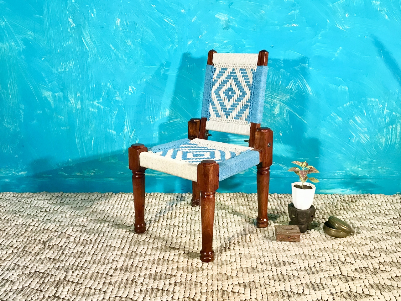 Sinhasan Solid Wood Charpai Chair Blue and White