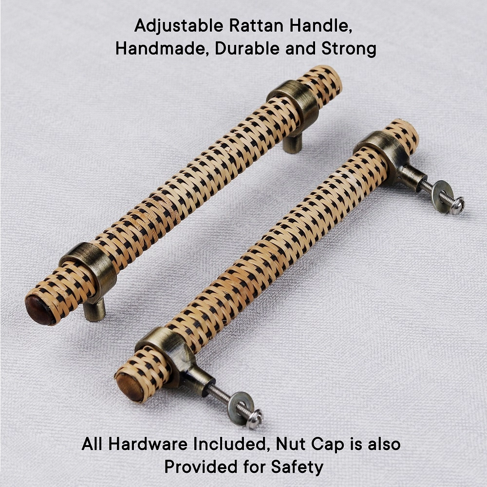 Adjustable Natural Black Round Rattan Drawer Handles (7 Inch)